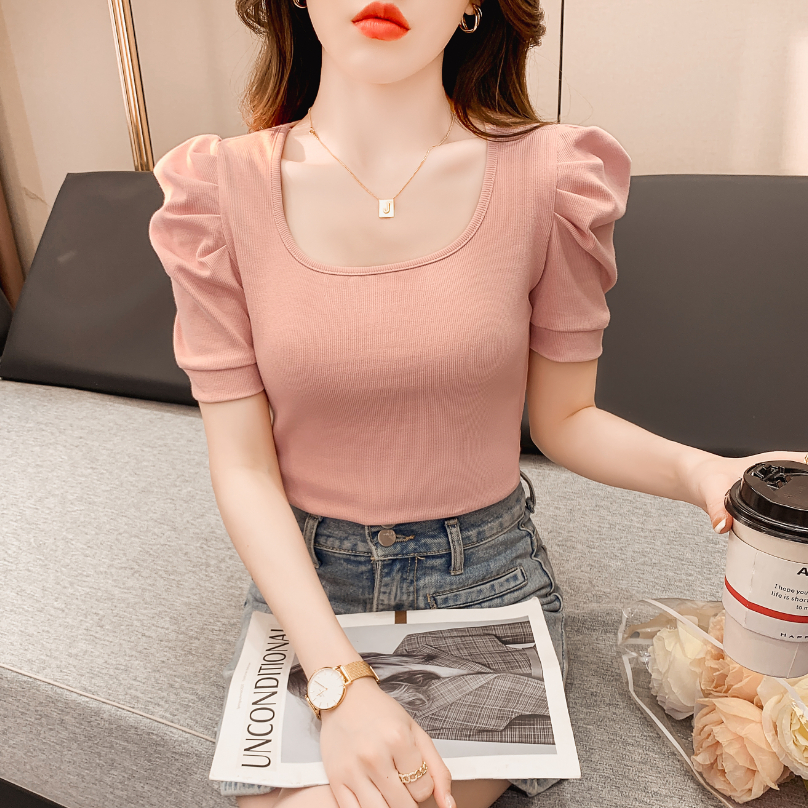 Summer New Square Neck Bubble Sleeve Short Sleeve T-shirt Women's ...