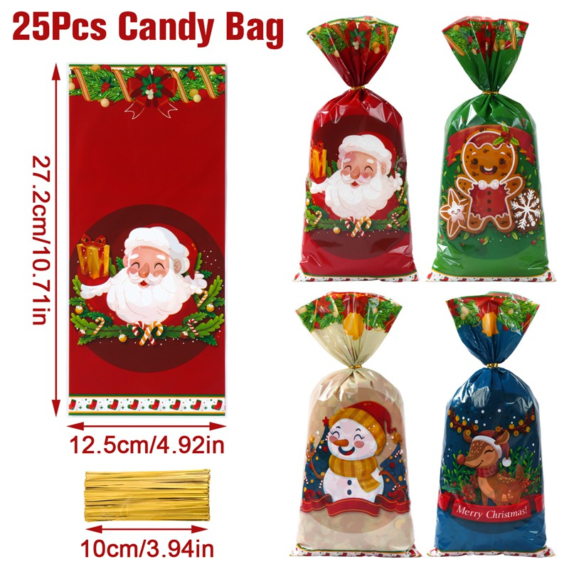 25/50/100pcs Santa Claus Snowman Christmas Loot Bags With Gold Tie ...