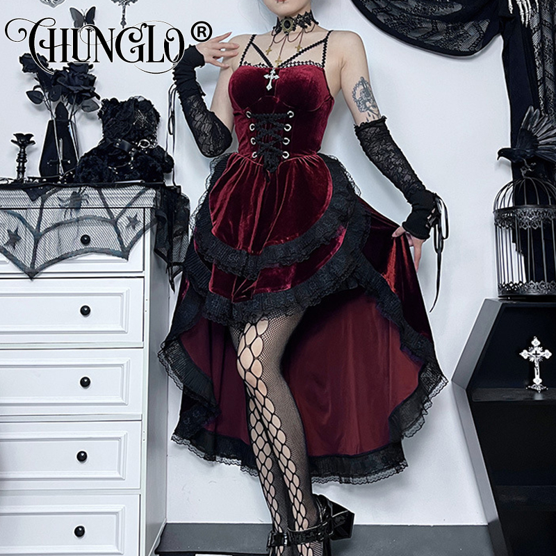 CHUNGLO Gothic Hi Low Swing Cocktail Party Dress For Women Vintage Goth ...