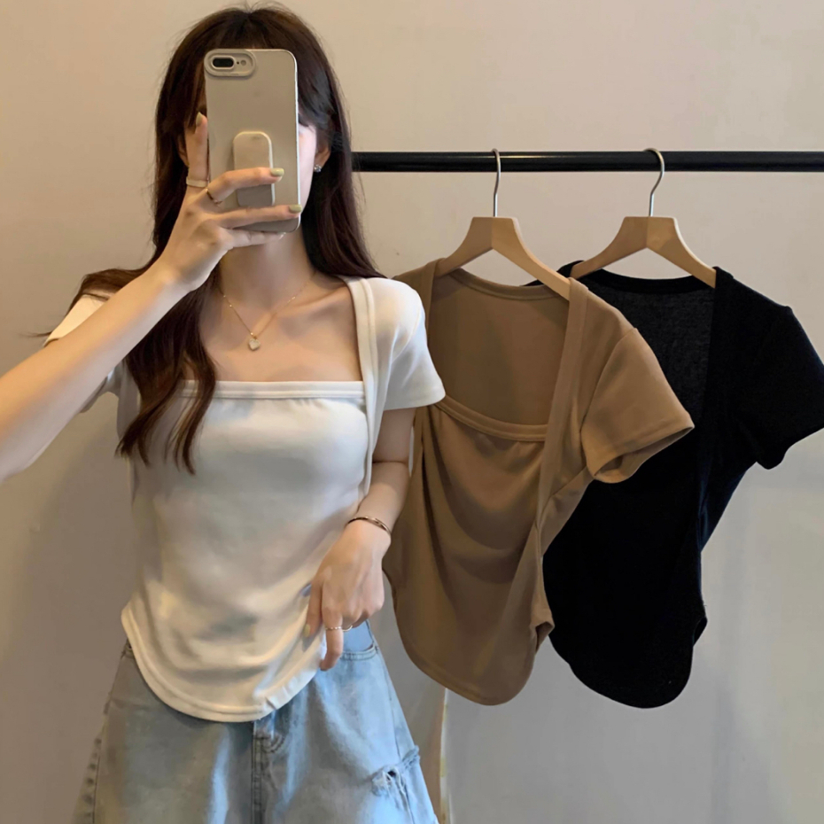 Women's Korean style fashion square neck solid color short sleeve crop ...