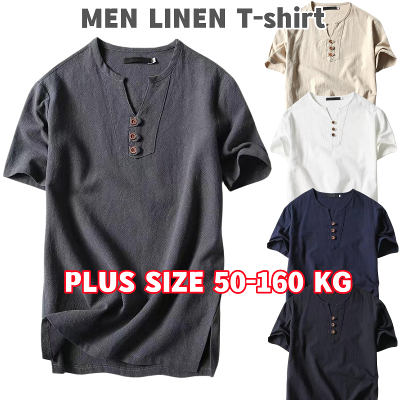 Plus Size L-9XL Men's Kurta Linen T-Shirt Short Sleeve Loose Casual Shirt Muslimah Raya Plain ...