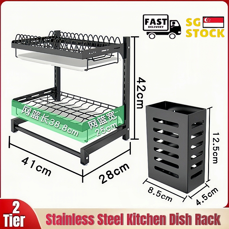 [SG Seller]2 Tier Black Dish Rack - Stainless Steel Kitchen Dish Rack ...