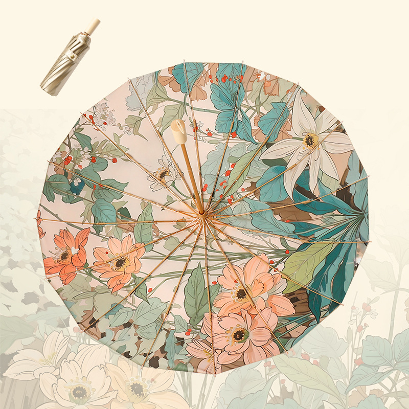 16 Ribs Colorful Flower Pattern Umbrella Wooden Handle Windproof Large ...