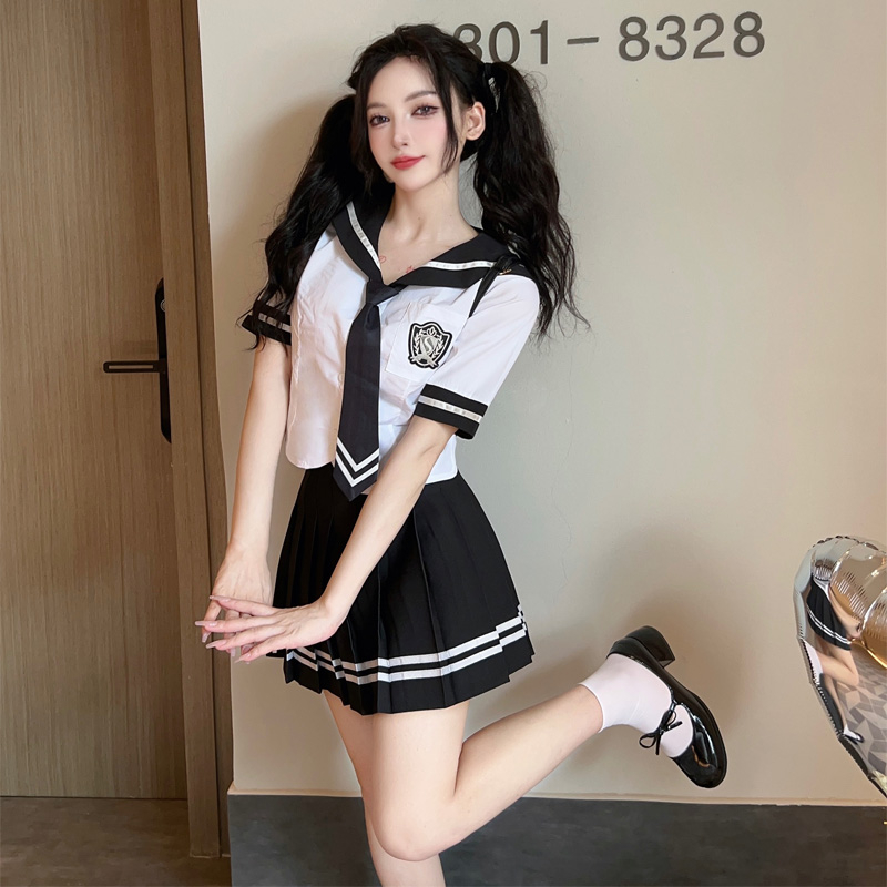 Preppy Style jk Uniform Suit Summer Half-Sleeved Shirt Navy Collar High ...