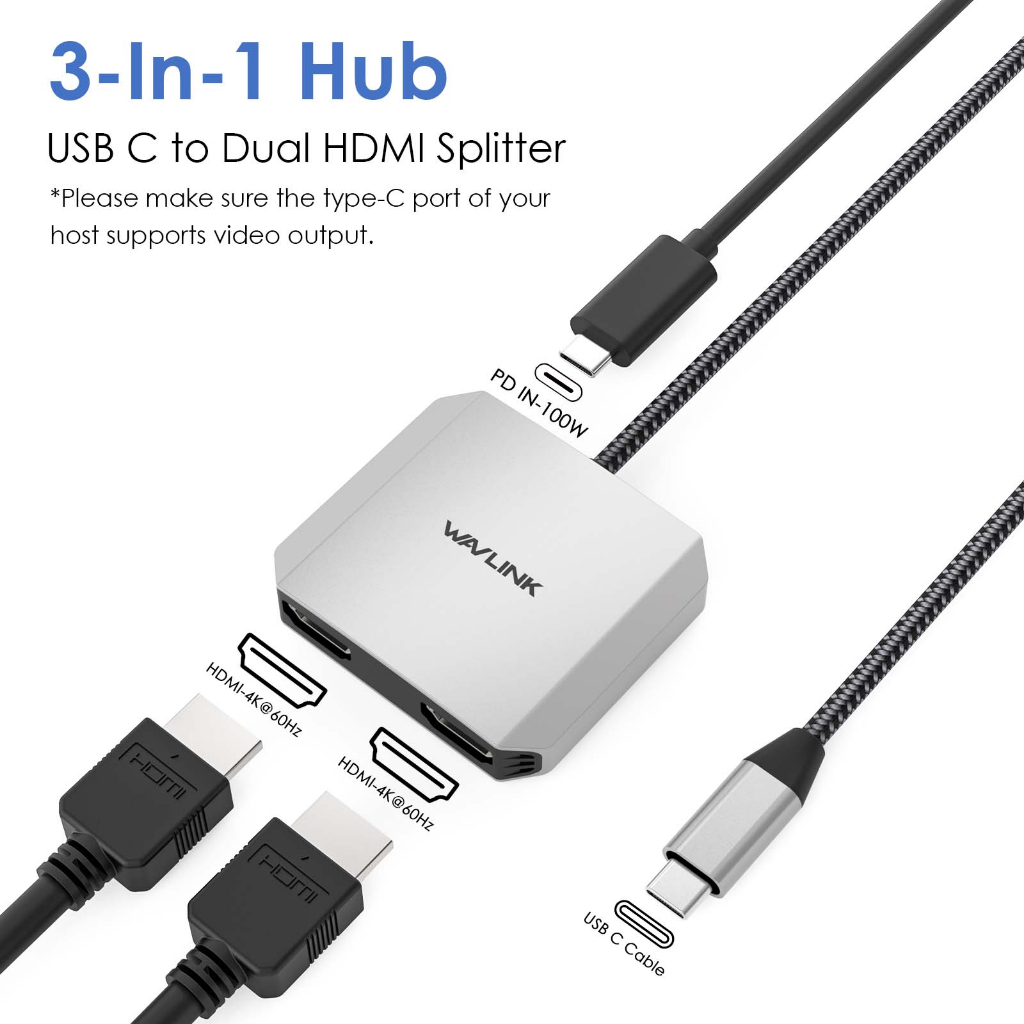 WAVLINK 3-IN-1 Type C to Dual HDMI Adapter with 87W Power Delivery for ...