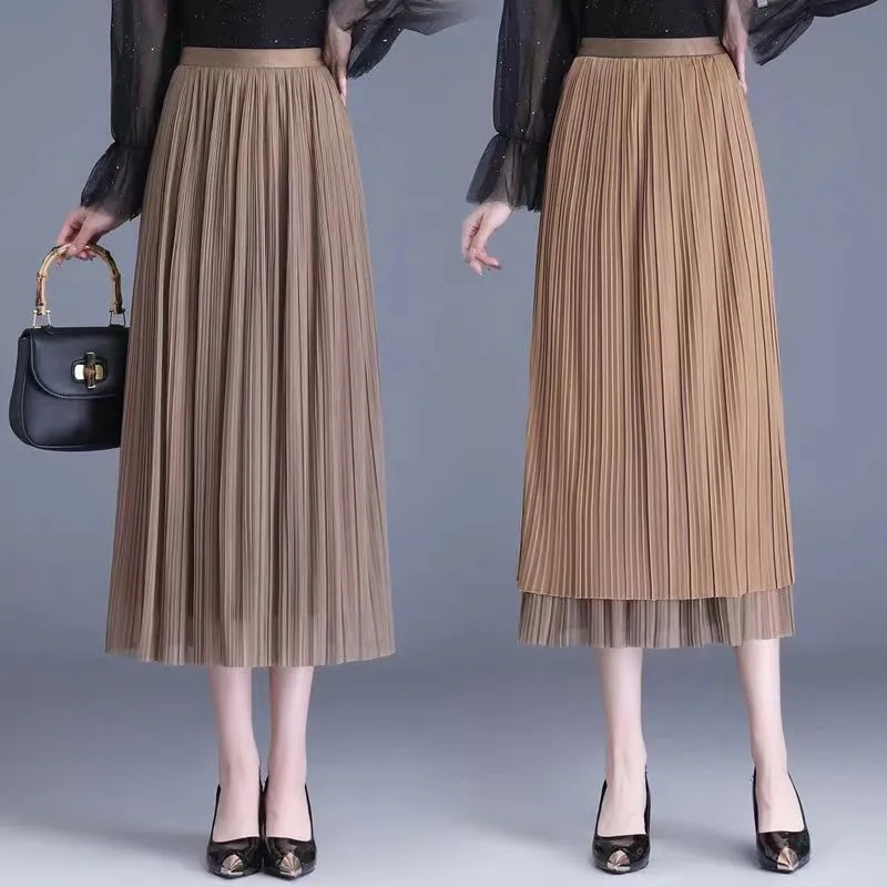 Solid Colors Pleated Mesh Midi Skirts Women Summer Double-Sided Wear ...