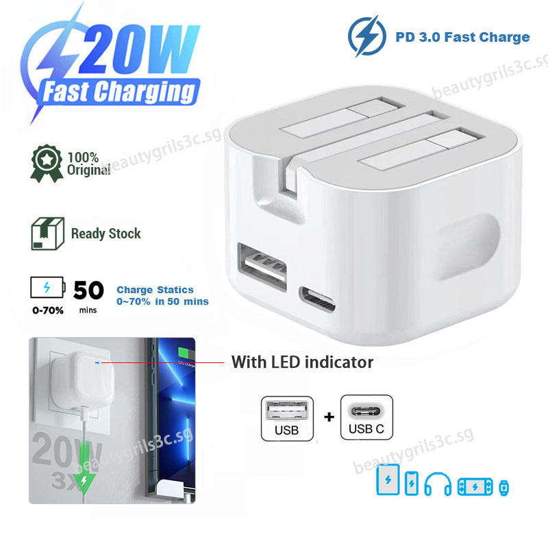 20W Power Adapter 2Ports USB Type C Fast Charging QC3.0 4.0 Quick Wall ...