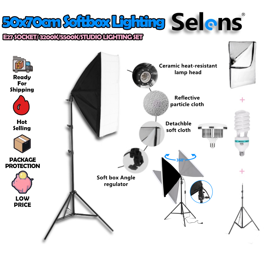 Selens Studio Lighting 50x70cm Softbox Kit With E27 Photographic Bulbs ...