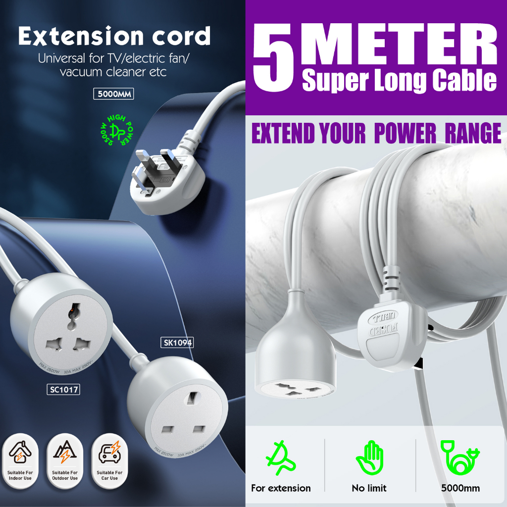 VANENIK 5M Super Long Power Extension Cord 5 Meter Safety Power Strip ...