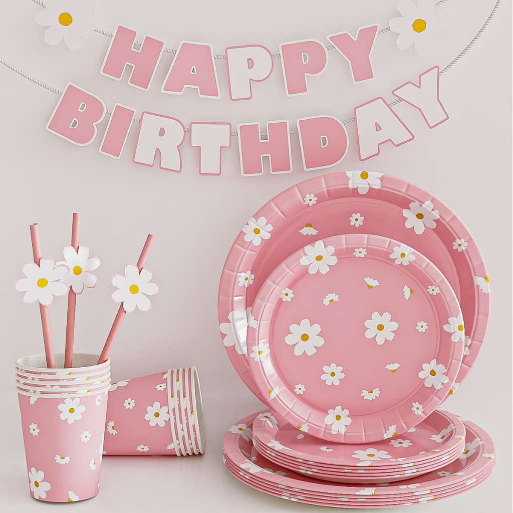 Daisy Themed Birthday Party Decor Pink Disposable Tableware Daisy Paper ...