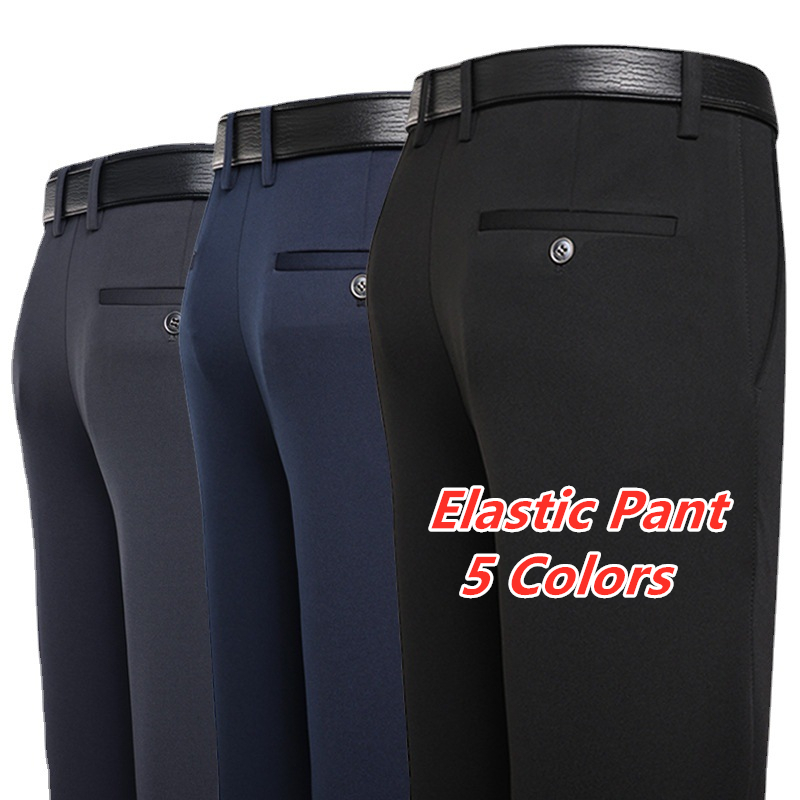 Men's Formal Pants Non-ironing Elastic Office Loose Straight Black Long ...