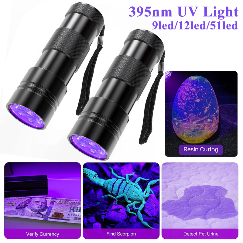 9LED/12LED/51LED UV Flashlight with Battery 395nm Ultraviolet Black ...