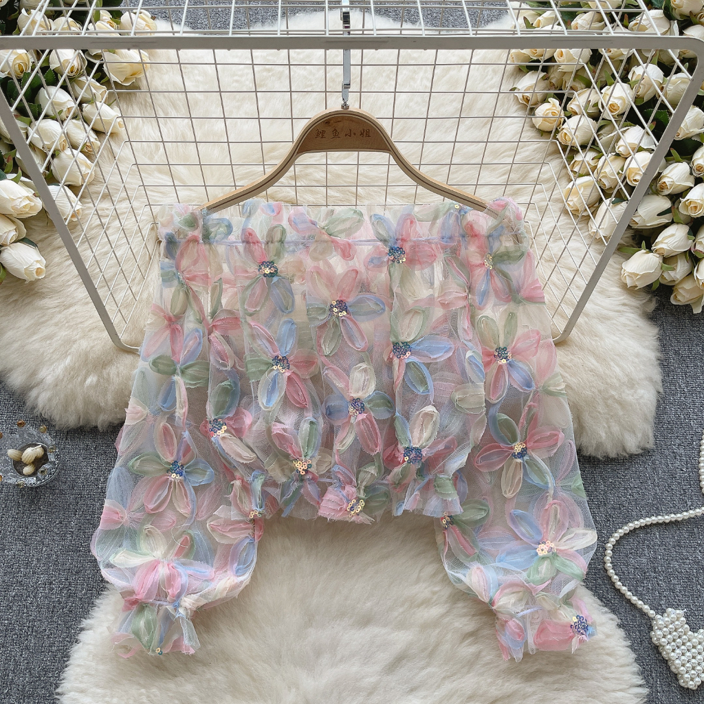 Korean Style Women Ladies Slim Waist Floral Off Shoulder Puff Long ...