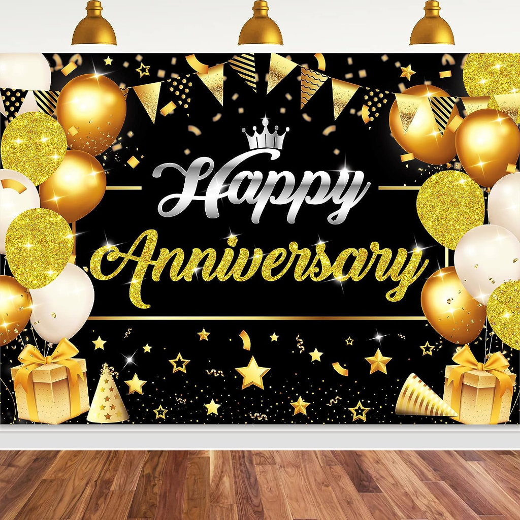 5x3ft Black and Gold Anniversary Photography Backdrop Happy Anniversary ...