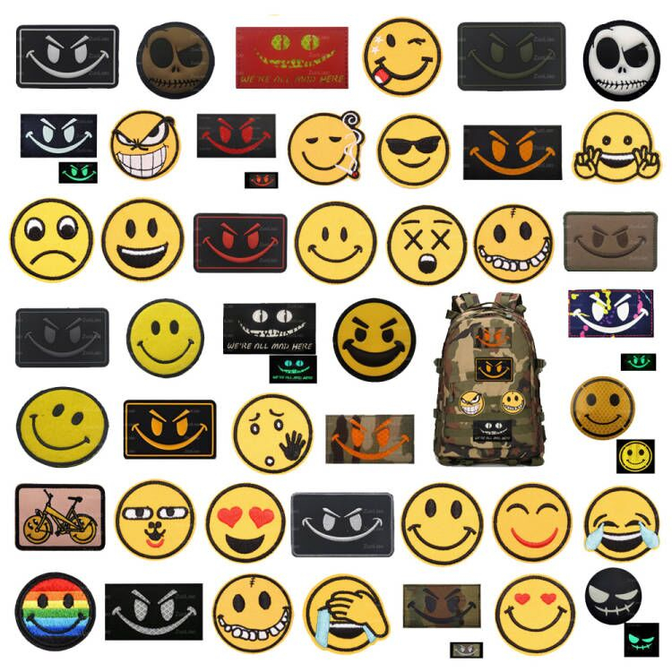 Velcro patch Ready Stock smiley face patch smiley face 3D Embroidery Tactical Velcro Armband ...