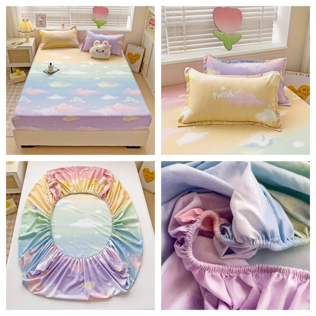 New goods Rainbow Cloud Cartoon Printed Fitted Bedsheet Single / Queen ...