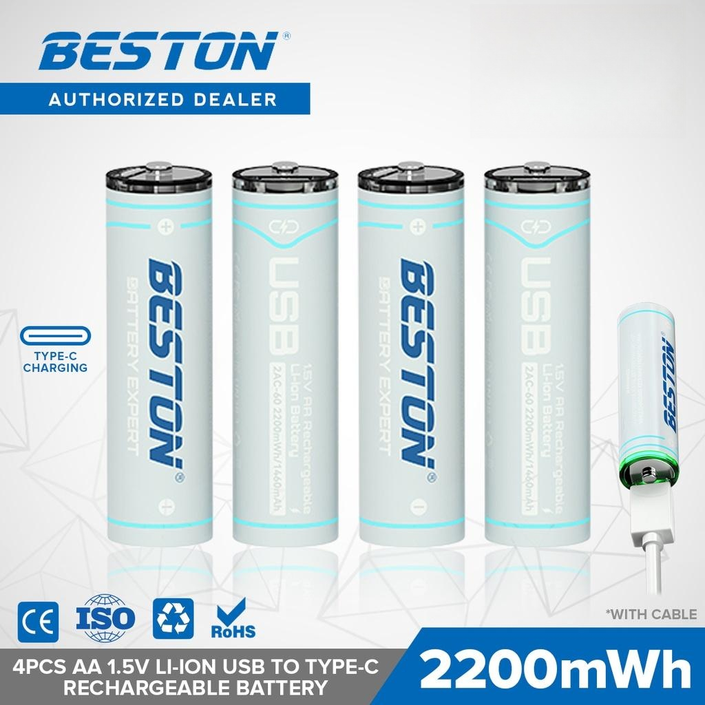 Beston AA 1.5V Li-ion 2200mwh USB to Type C Rechargeable Lithium ...