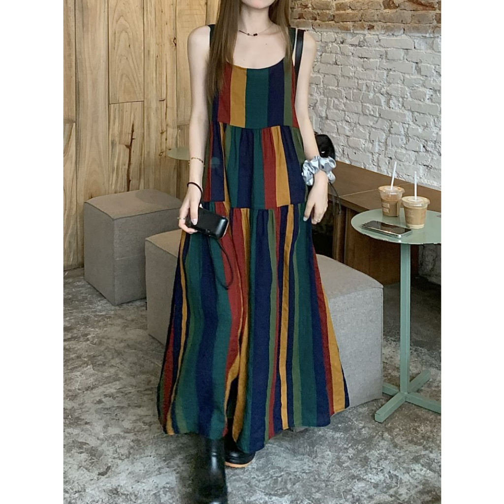 Korean Style Women Striped Round Neck Oversized Sleeveless Maxi Long ...
