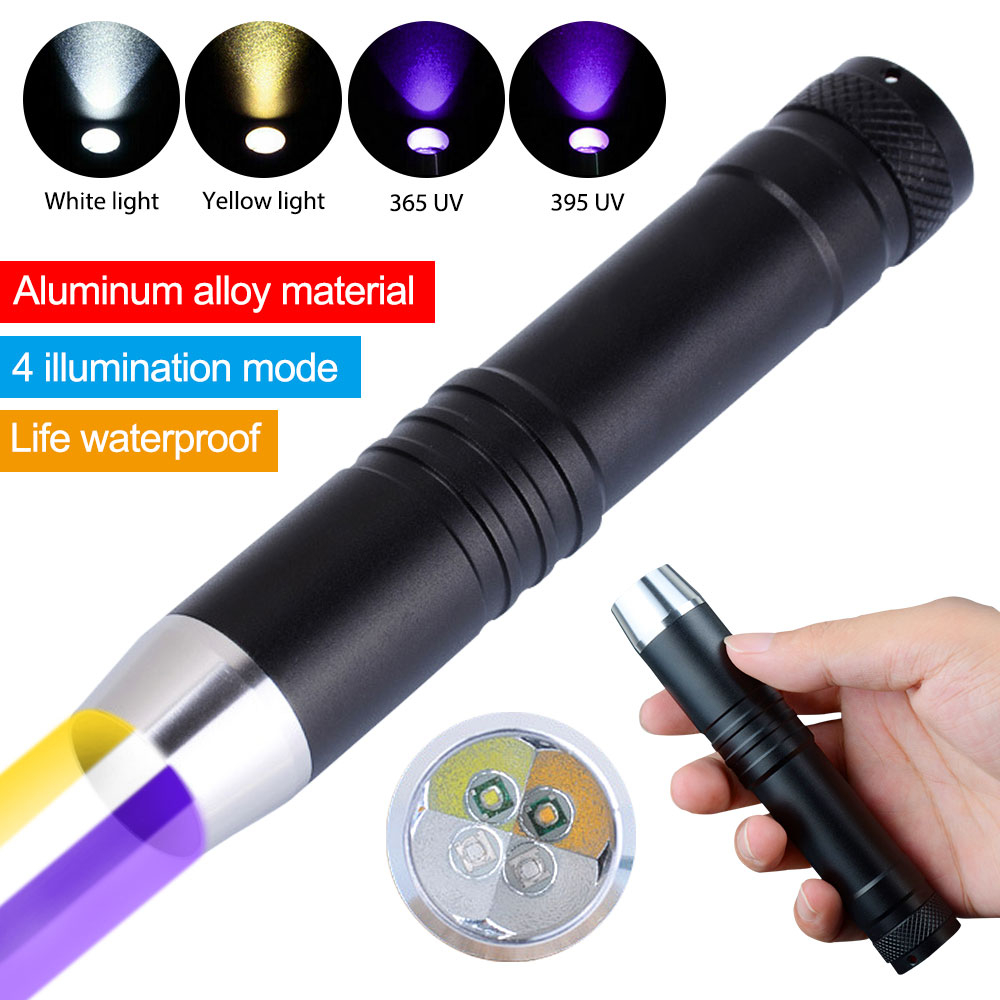 4 light source flashlight for gemstone uv flashlight rechargeable White yellow 365nm 395nm light ...