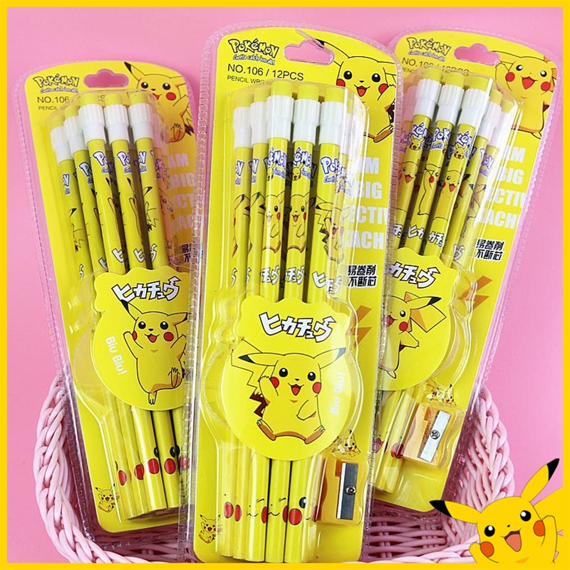 12pcs Pikachu Pencil Cute Pokemon HB Pen With Sharpener Kid Stationery ...