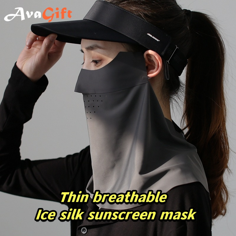 Thin breathable ice silk sunscreen mask, full face UV protection, neck ...