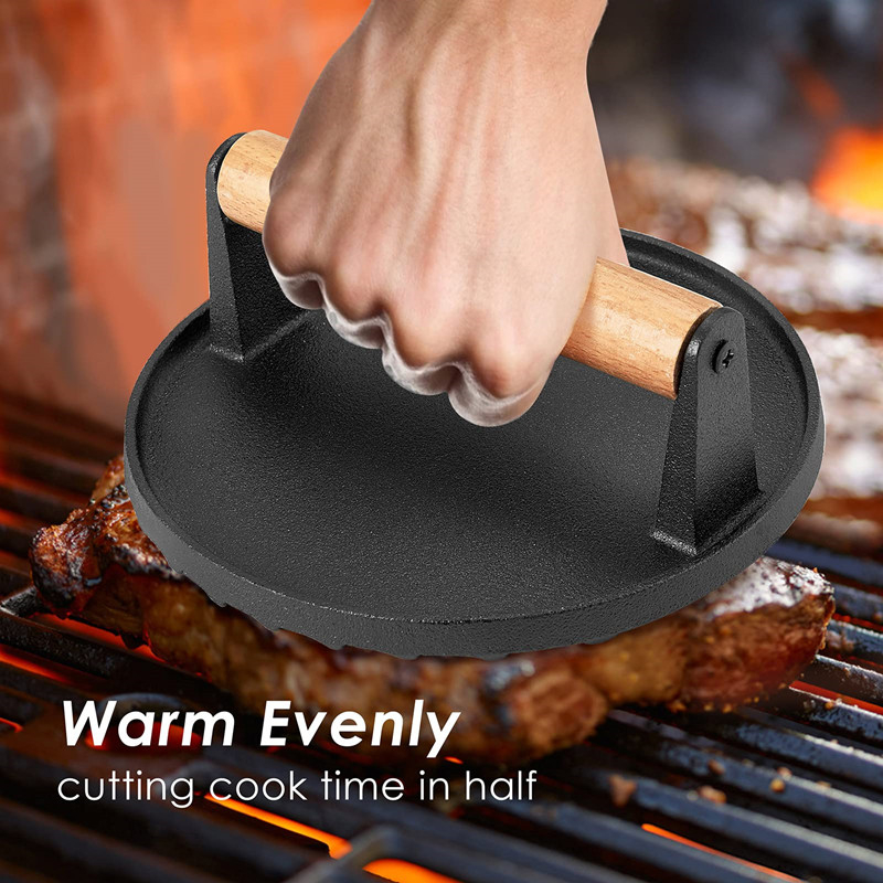 Round big BBQ tool Cast iron Wooden Handle Steak Plate Meat Press Grill ...