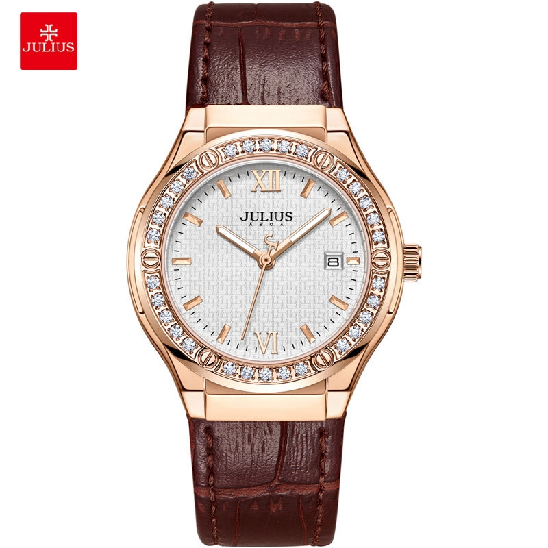 JULIUS New Small and Luxury Zircon Calendar Round Waterproof Quartz ...
