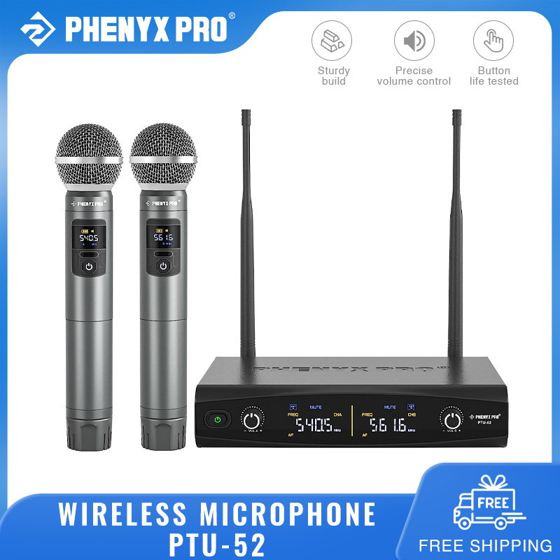Phenyx Pro PTU-52 Metal Wireless Microphone System Mic Set with Case ...