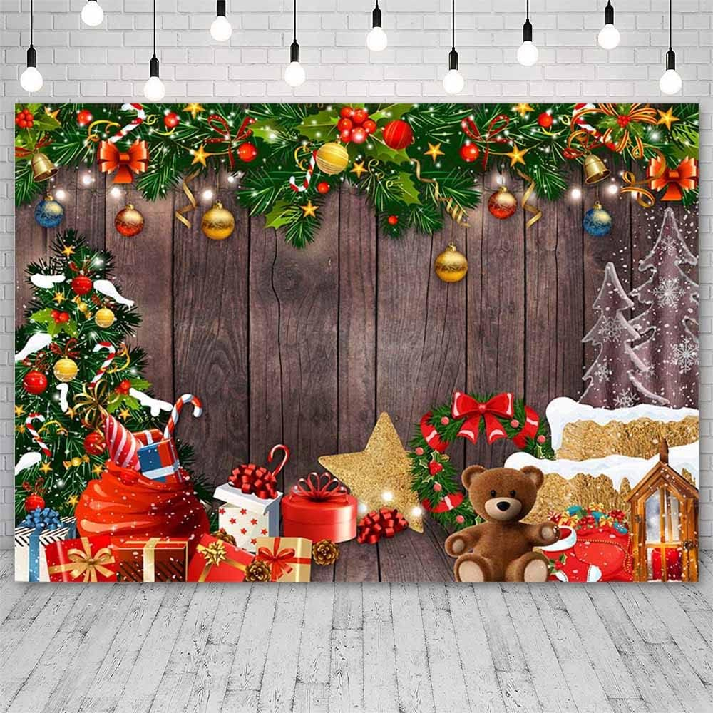 Merry Christmas Photography Backdrop Rustic Wooden Bear Xmas ...