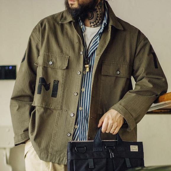 Maden Tooling American Retro HBT Shirt Jacket Loose Herringbone Pattern ...