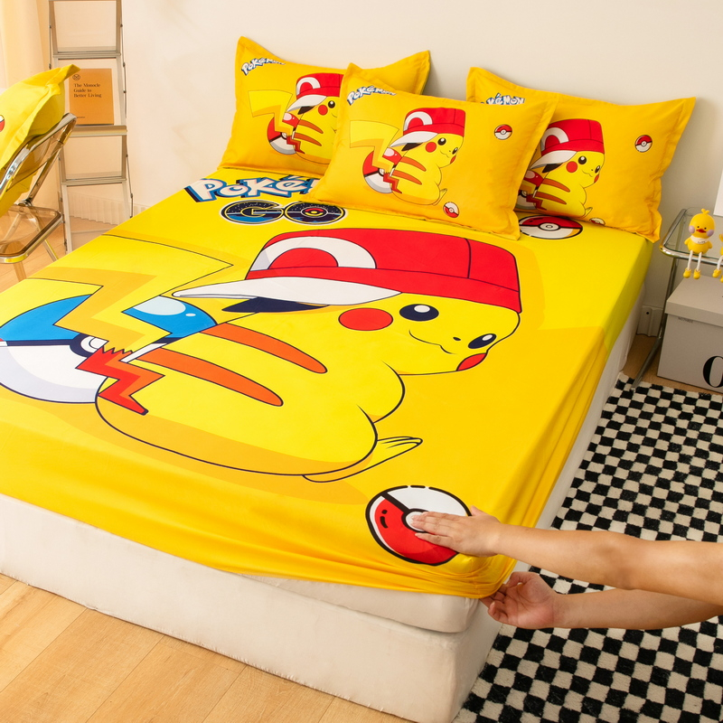 Cartoon Bedsheet Cute Pokemon Fitted Sheet Soft Bedsheet Yellow Pikachu ...