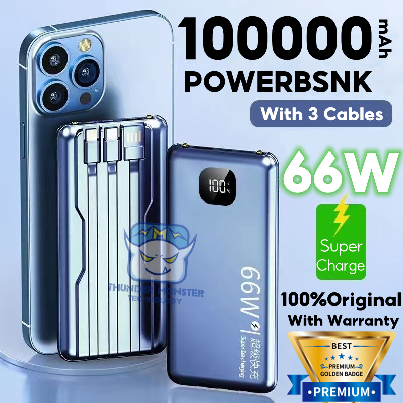 66W 100000mAh PD Quick Fast Charge Inbuilt 3 Cable Power Bank Light ...