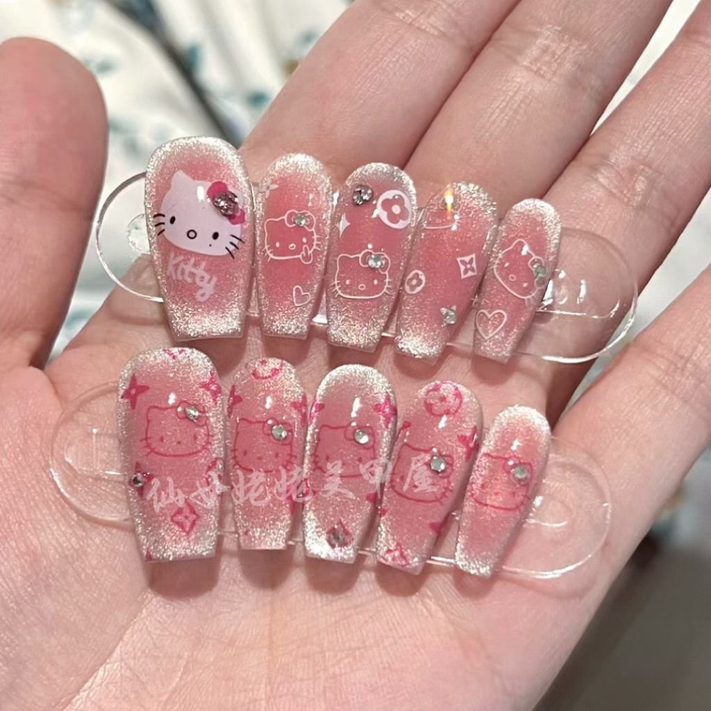 Hello Kitty Fake Nails Rhinestone Detachable Pink Long Stiletto Nails ...