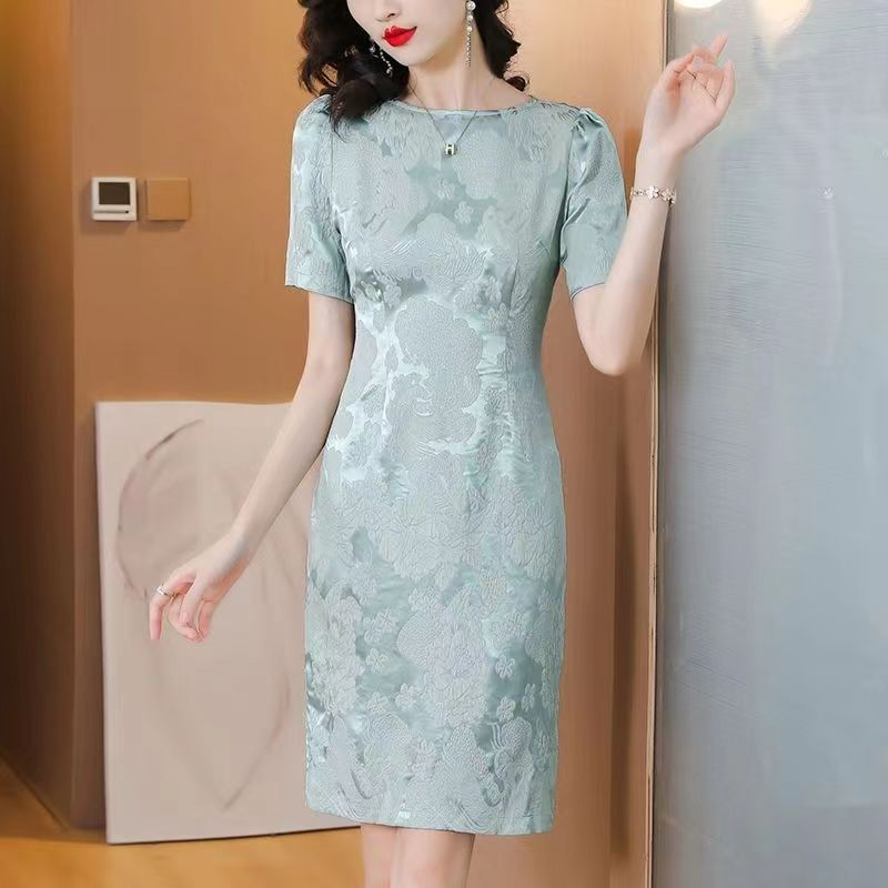 Elegant High End Jacquard Dress Summer Short Sleeve High Waist Satin