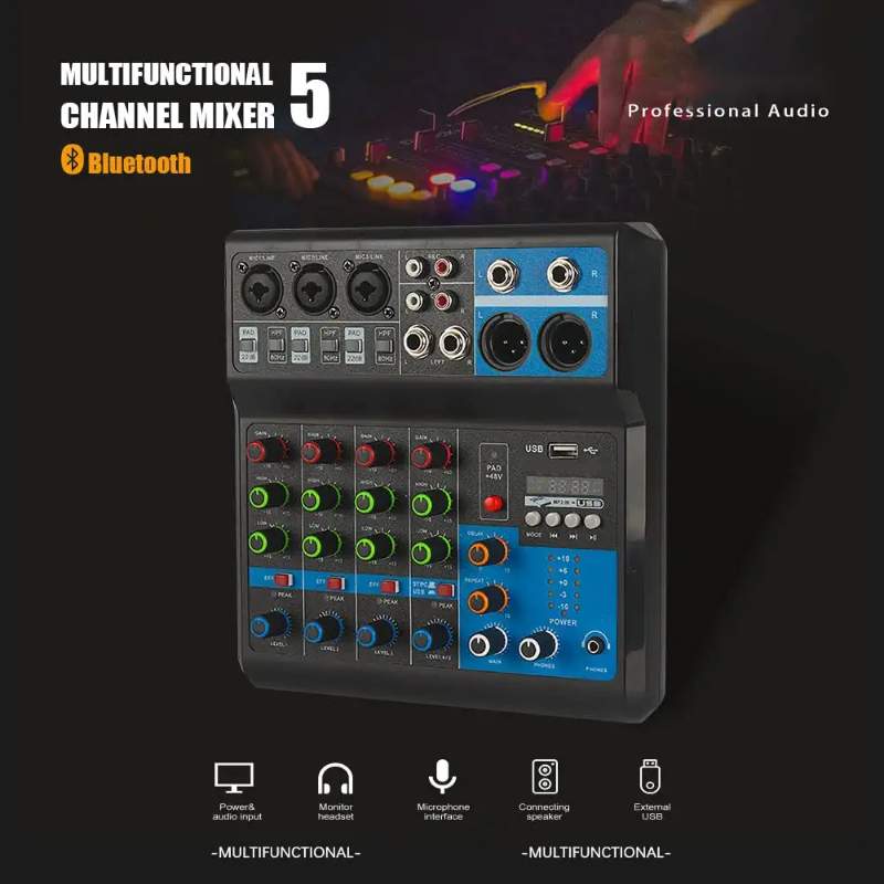 Audio 4 5 Channel Sound Mixer Professional Portable Console Computer ...