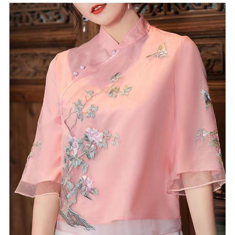 Organza Thorn Chinese Retro Slant Placket Plate Button Blouse Ancient ...
