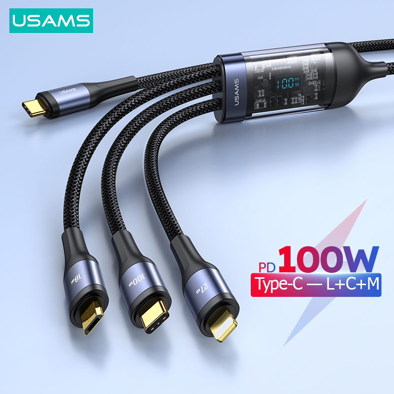 USAMS PD 100W 3 In 1 Transparent Digital Display Fast Charge Data Cable ...