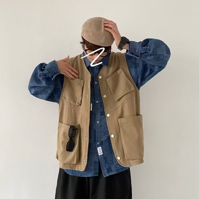 Japanese Retro Workwear Vest Men M-3XL Two-Color Street Wear Unisex ...