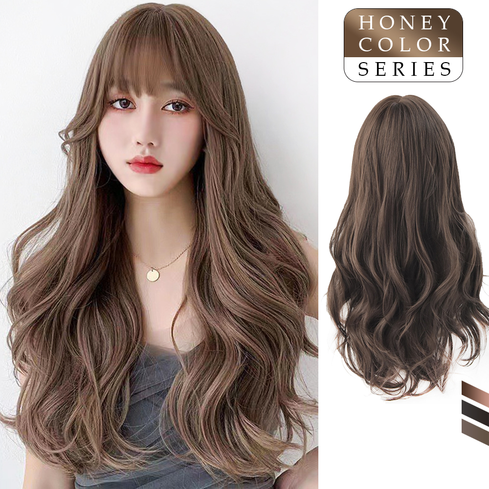 Wavy Fluffy Long Curly Full Hair Wig With Airbangs Honey-Color Series ...