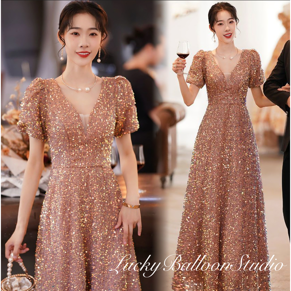 Women Sequin Golden Evening Gwon Long Temperament Elegant Wedding Gown