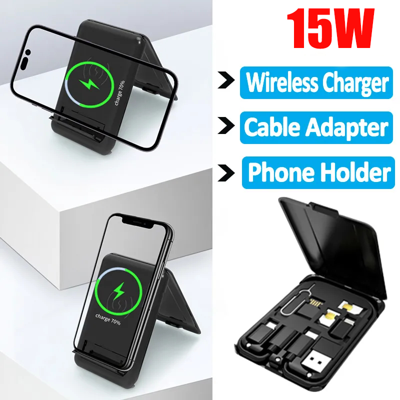 15W Wireless Charger Stand 9 In 1 Multi Cable Needle Sim Card Storage ...