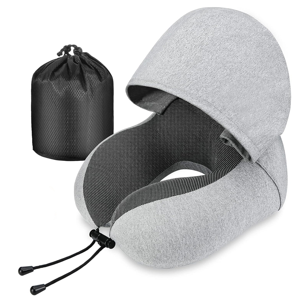 Neck Pillow Memory Foam Travel Pillow with Hood Adult Airplane Pillow ...