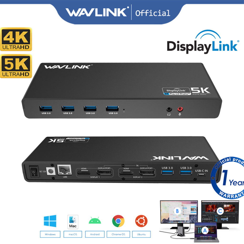 Wavlink Universal Docking DisplayLink USB Hub 5K dual 4K HDMI Display Port Output Monitors ...