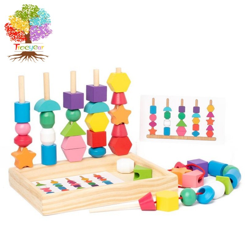 Montessori Toys Bead Sequencing Set, Treeyear Wooden Lacing Beads ...