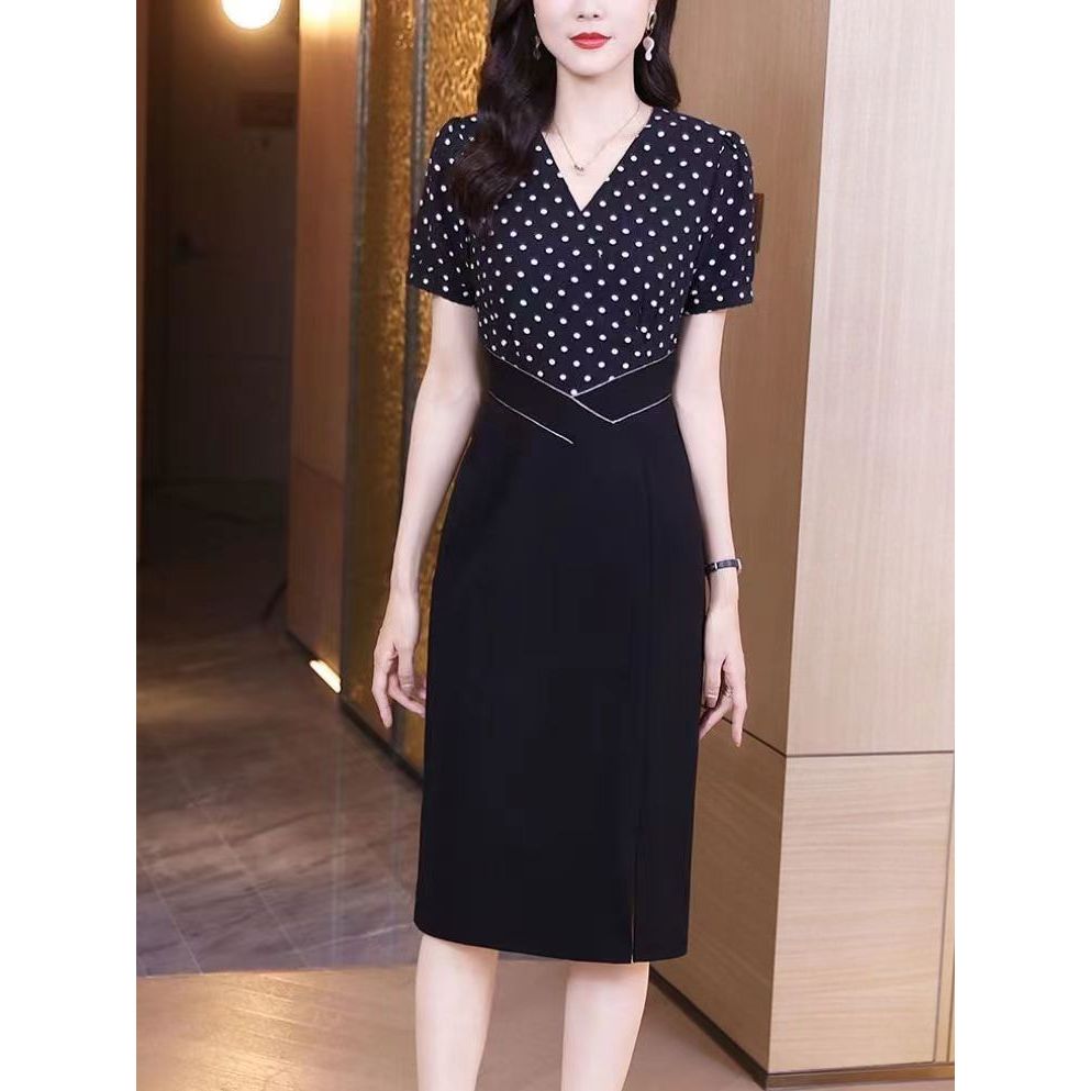 Elegant High-end Wave Point Wrap Dress Summer Short Sleeve Slim Office ...
