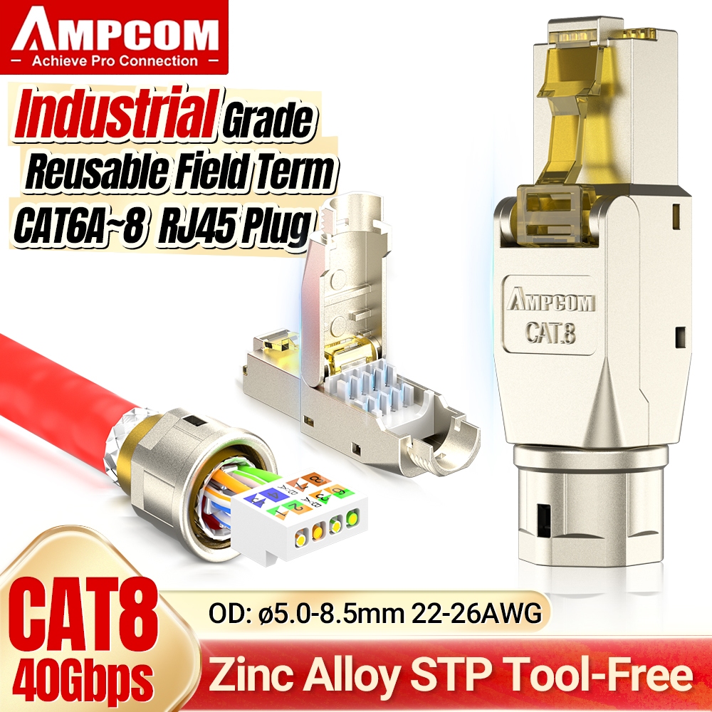 AMPCOM Toolless RJ45 Connector, CAT8/CAT7/CAT6A Tool Free Reusable Termination Plugs Shielded ...