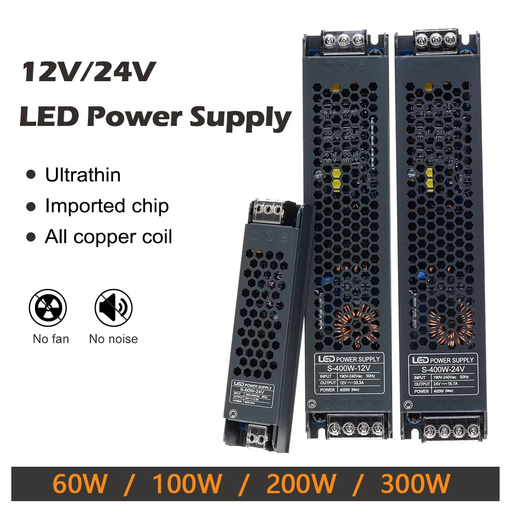 DC 12V 24V LED Power Supply AC110-240V Mute Lighting Transformers 60W ...