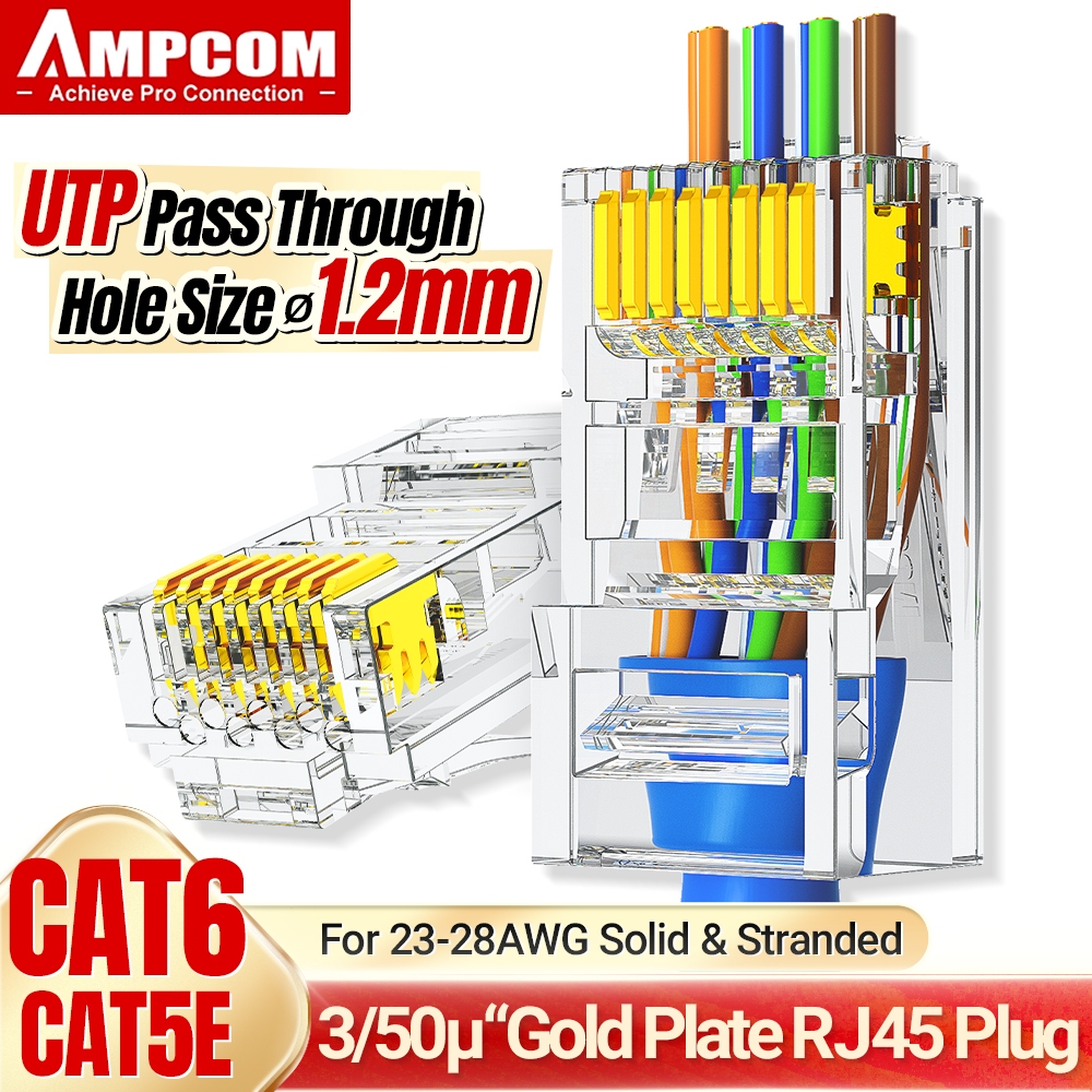 AMPCOM Pass Through EZ UTP RJ45 Connectors , 100PCS CAT6 CAT5E Pass ...