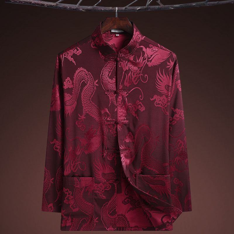 2024 Embroidery Dragon Tang Suit Long Sleeve Silk Satin Shirt Plus Size ...
