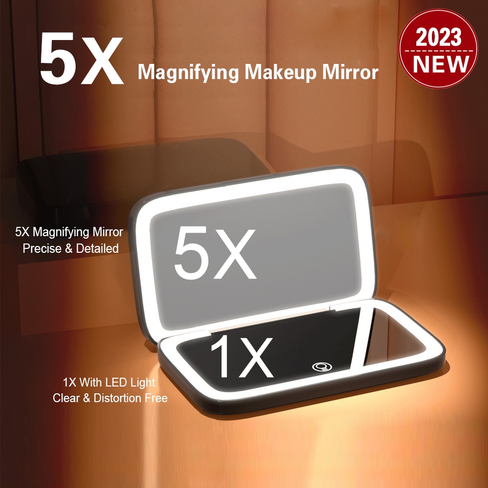 Mini Portable Folding Makeup Mirror With Led Lights 5X Magnifying ...